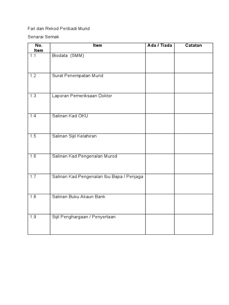 Senarai Semak Fail Dan Rekod Peribadi Murid | PDF