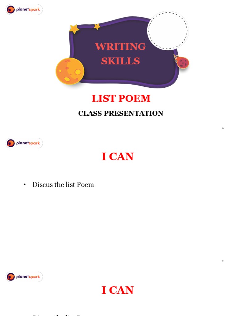 Class Presentation - Writing Skills - List Poem | PDF | Poetry