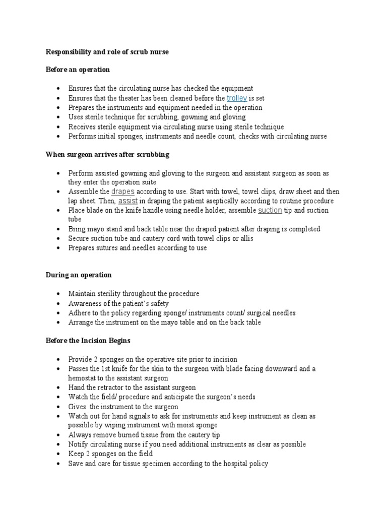 Responsibility and Role of Scrub Nurse | PDF | Surgery | Medical Procedures