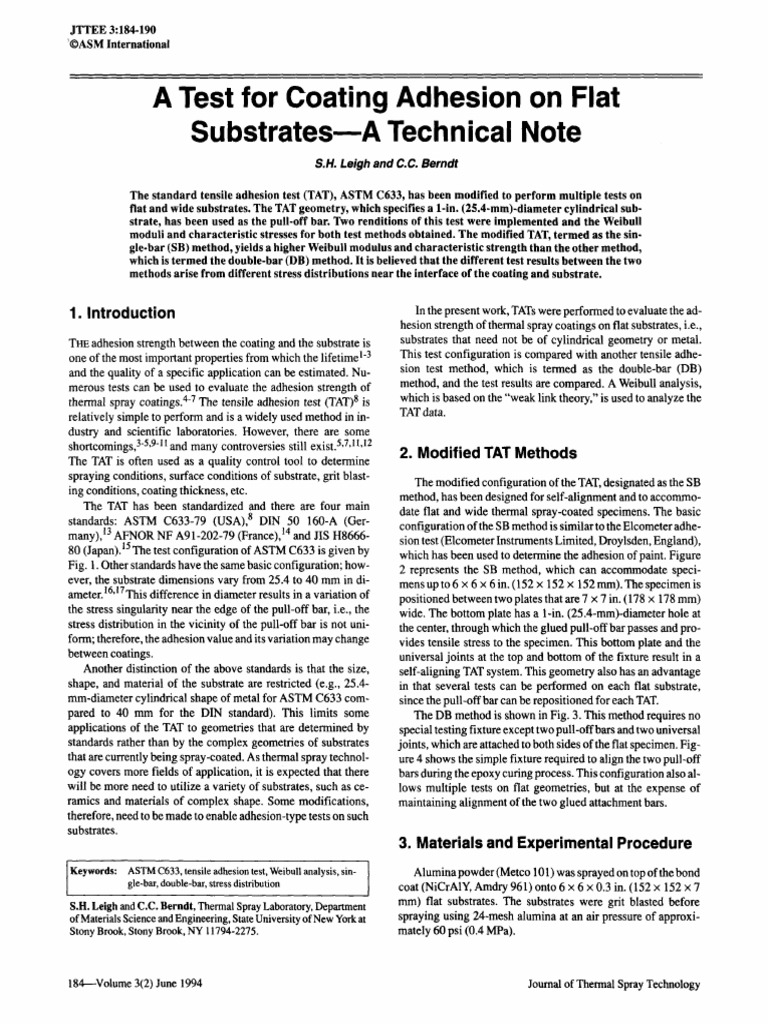 A Test For Coating Adhesion On Flat Substrates 1994 | PDF | Strength Of ...