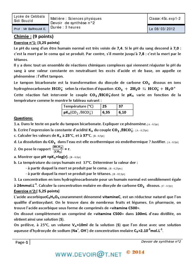 Devoir de Synthèse N°2 - Sciences Physiques - Bac Math (2013-2014) MR Barhoumi Ezzedine | PDF ...