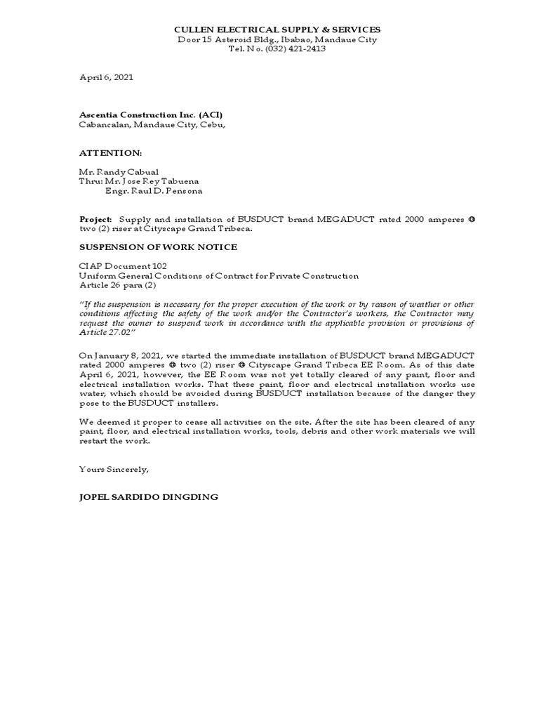 Suspension of Work Notice - Cullen Electrical | PDF