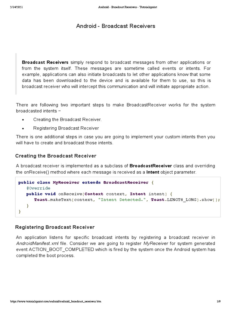 Android Broadcast Receivers Tutorialspoint Pdf Android Operating System Computer Science