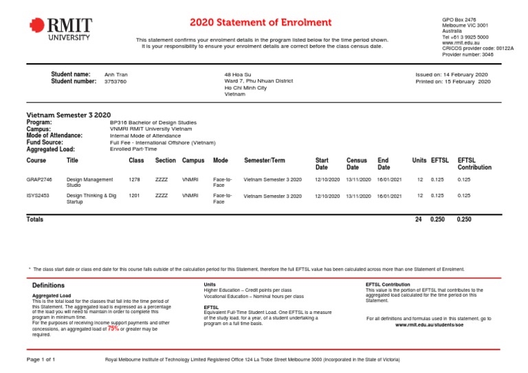 2020 RMIT Statement of Enrolment | PDF | Further Education | Business