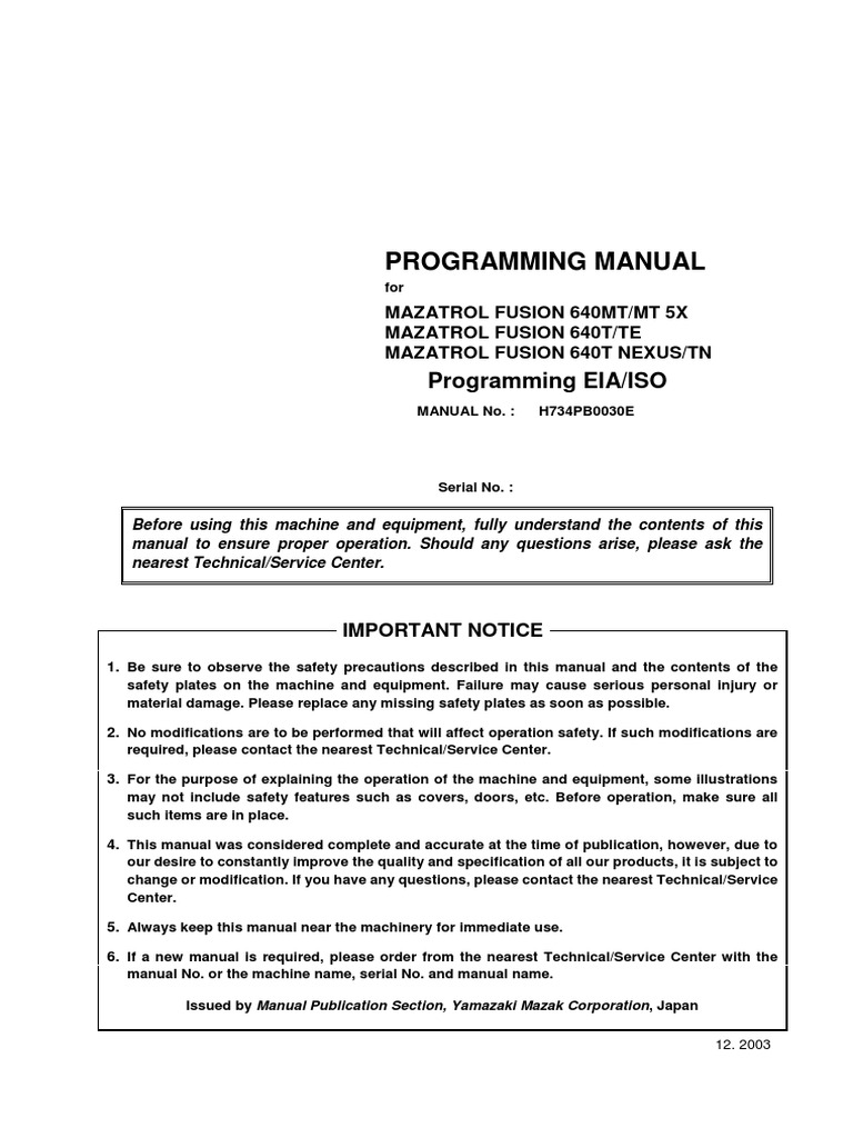 Programming Manual for Mazatrol Fusion 640MT/MT 5X, Mazatrol Fusion ...