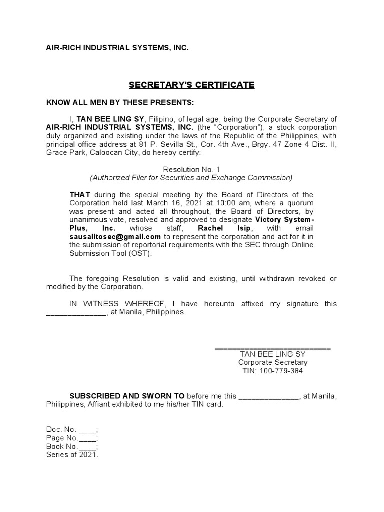 Secretary'S Certificate: (Authorized Filer For Securities and Exchange ...