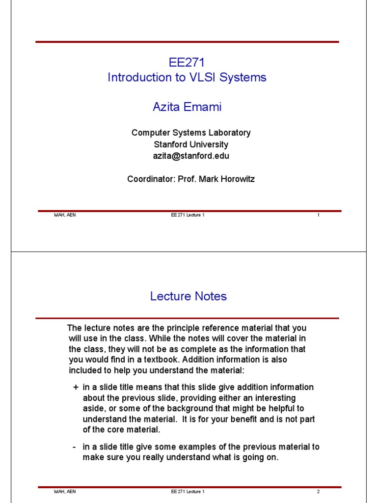 EE271 Introduction To VLSI Systems Azita Emami: EE 271 Lecture 1 1 Mah, Aen | PDF | Integrated ...