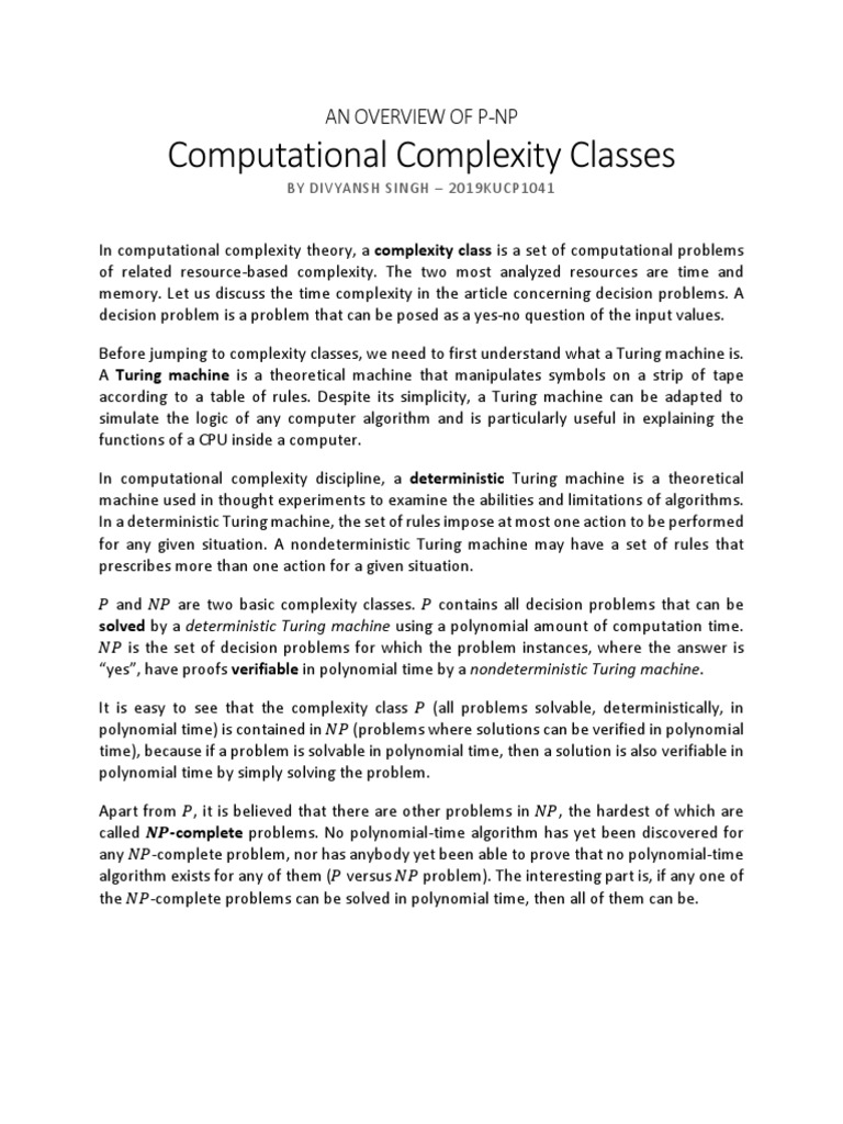 Computational Complexity Classes An Overview Of P Np Pdf