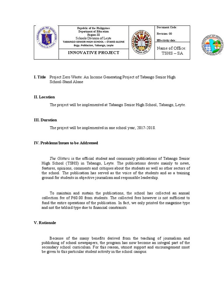 Innovative Project: I. Title Project Zero Waste: An Income Generating ...