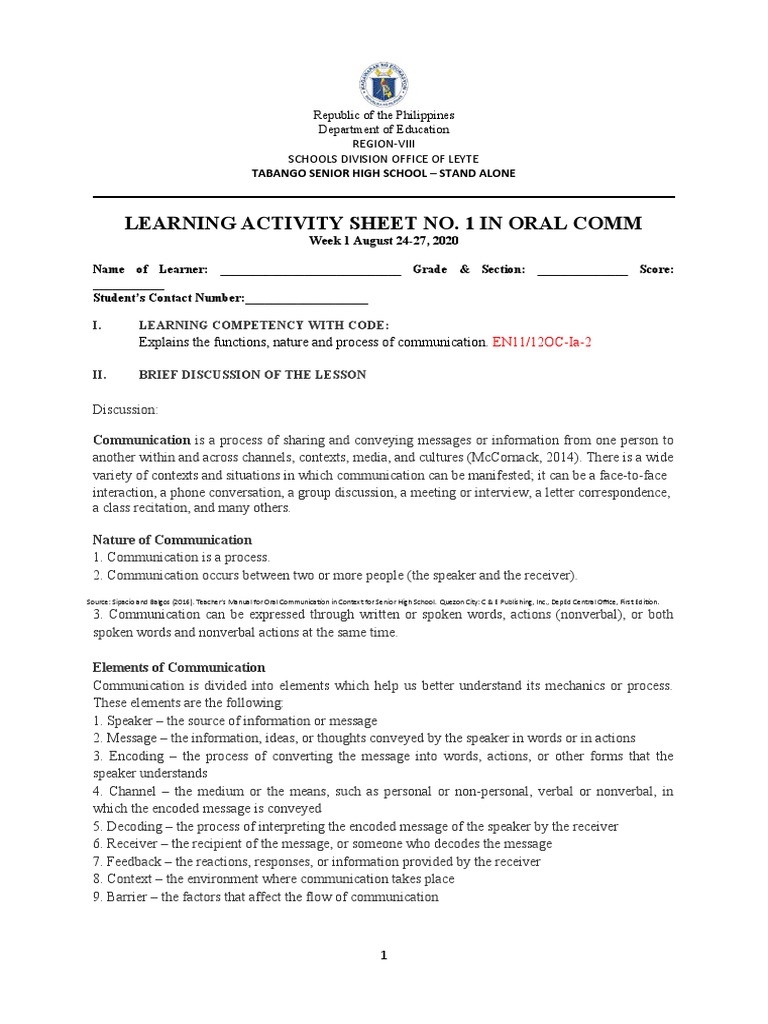 LEARNING ACTIVITY SHEET in Oral Comm | PDF | Nonverbal Communication ...
