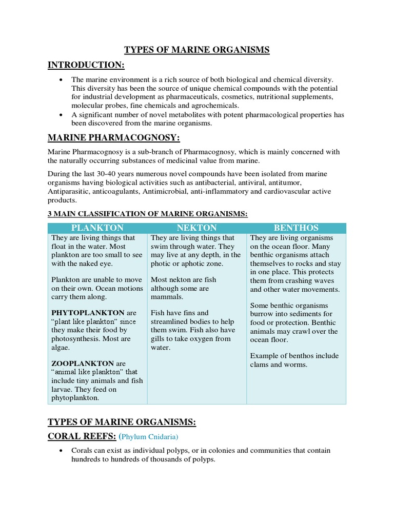 Types of Marine Organisms | PDF | Coral Reef | Cyanobacteria