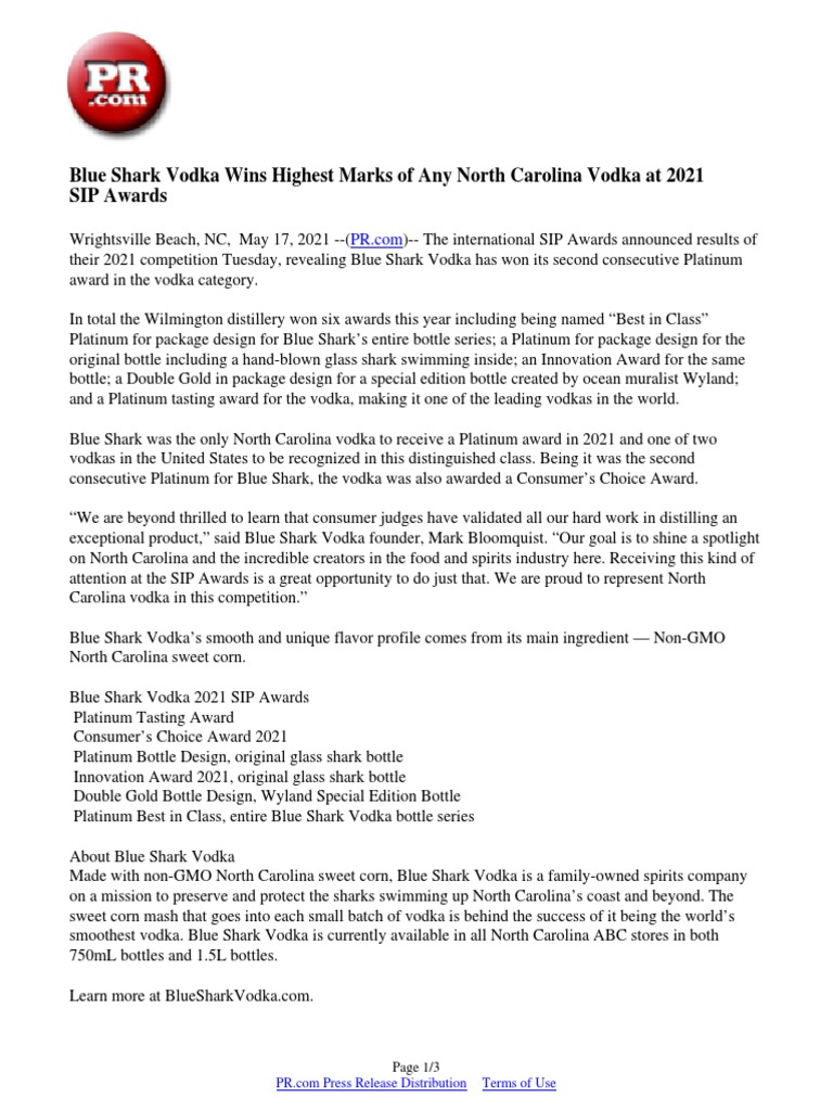 Blue Shark Vodka Wins Highest Marks of Any North Carolina Vodka at 2021 ...