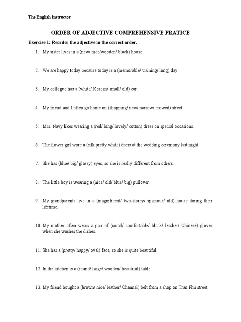 Adjective Order Practice Exercises | PDF | Clothing