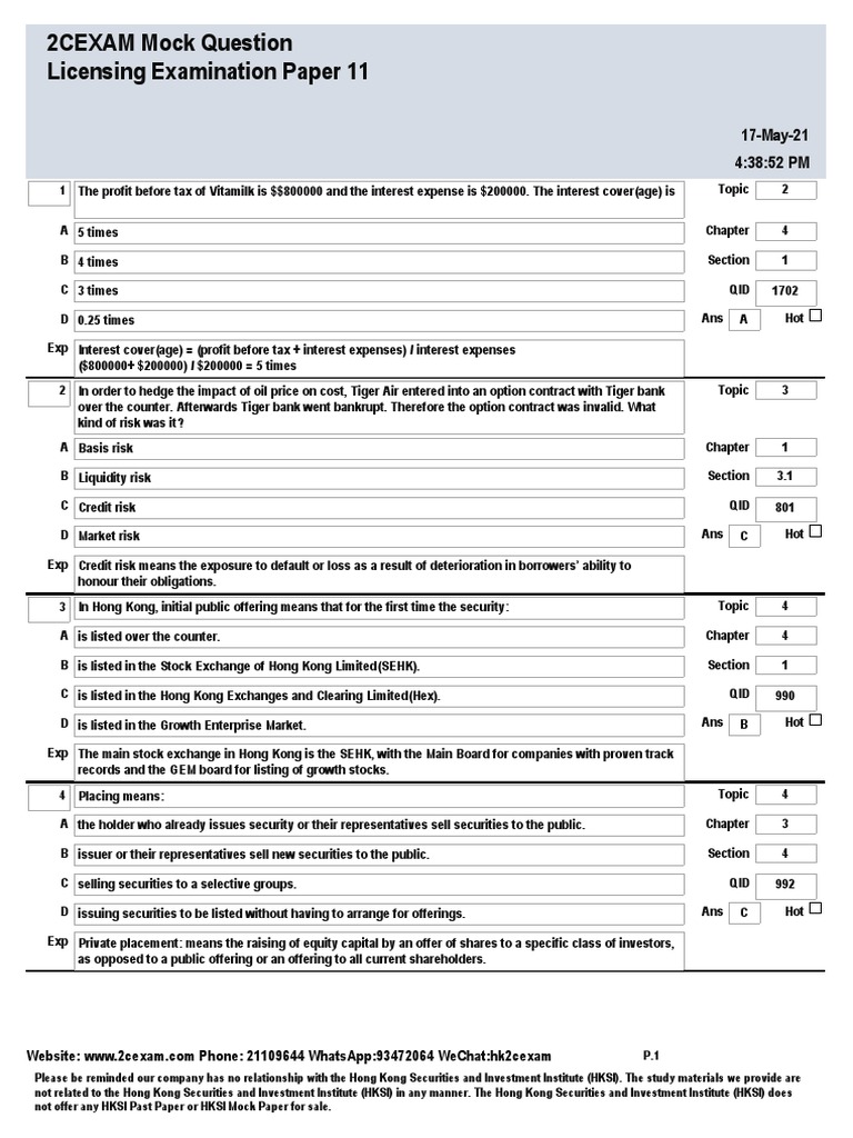 HKSI LE Paper 11 Pass Paper Question Bank (QB) | PDF | Securities ...