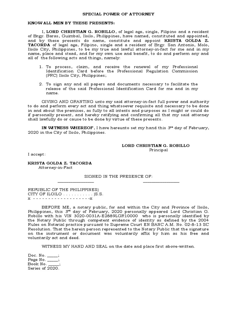 Spa PRC Id Robillo | Download Free PDF | Power Of Attorney | Notary Public
