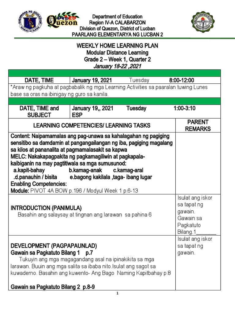 2ND Quarter Week 1B Weekly Home Learning Plan | PDF