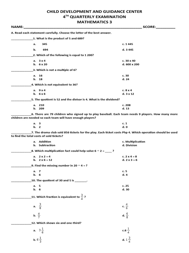Child Development and Guidance Center 4 Quarterly Examination ...