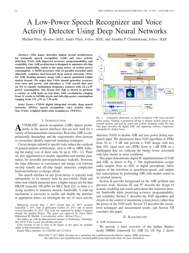 A Low Power Speech Recognizer And Voice Activity Detector Using Deep Neural Networks Pdf