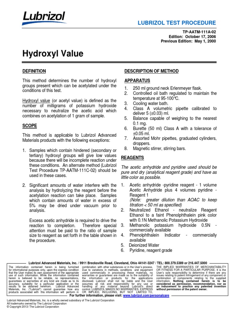 Hydroxyl Value: Lubrizol Test Procedure | PDF | Titration | Chemistry