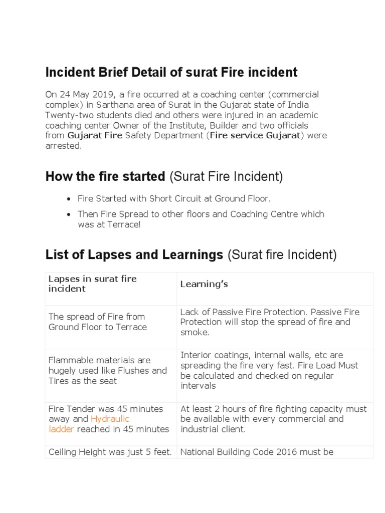 Incident Brief Detail of Surat Fire Incident | PDF | Fire Safety | Safety