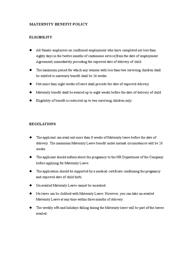 Maternity Benefit Policy Overview | PDF | Parental Leave | Payroll