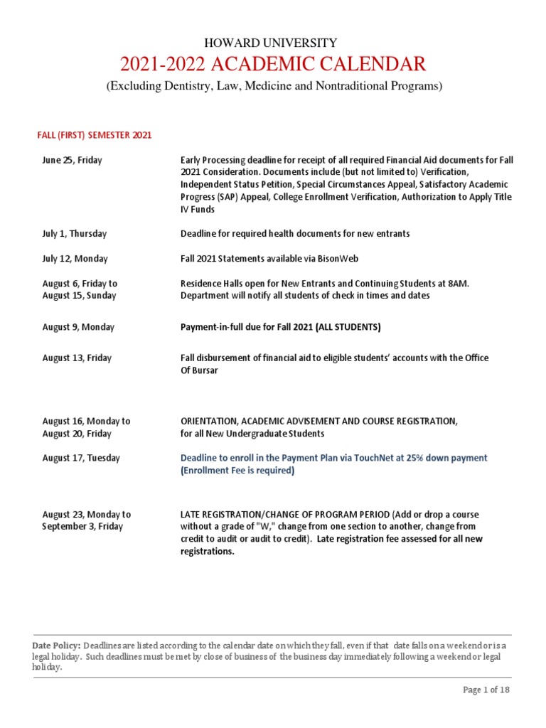 Howard University 2025-2026 Calendar | PDF | Workweek And Weekend ...