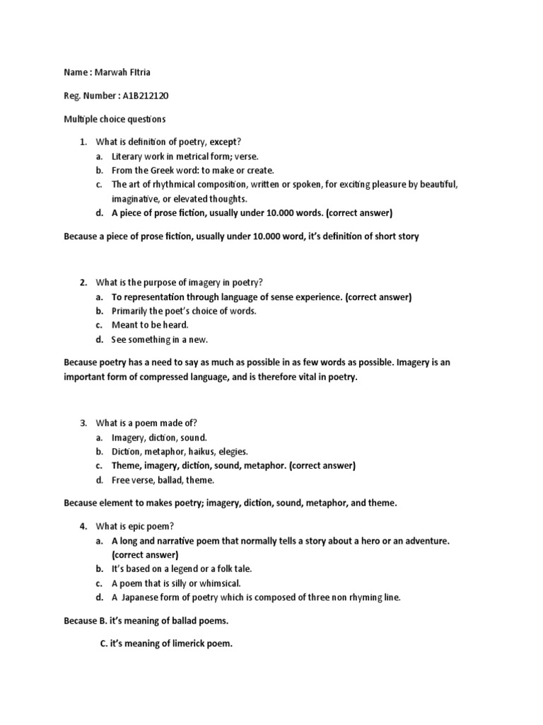 Types of Poetry Multiple Choice Questions | PDF