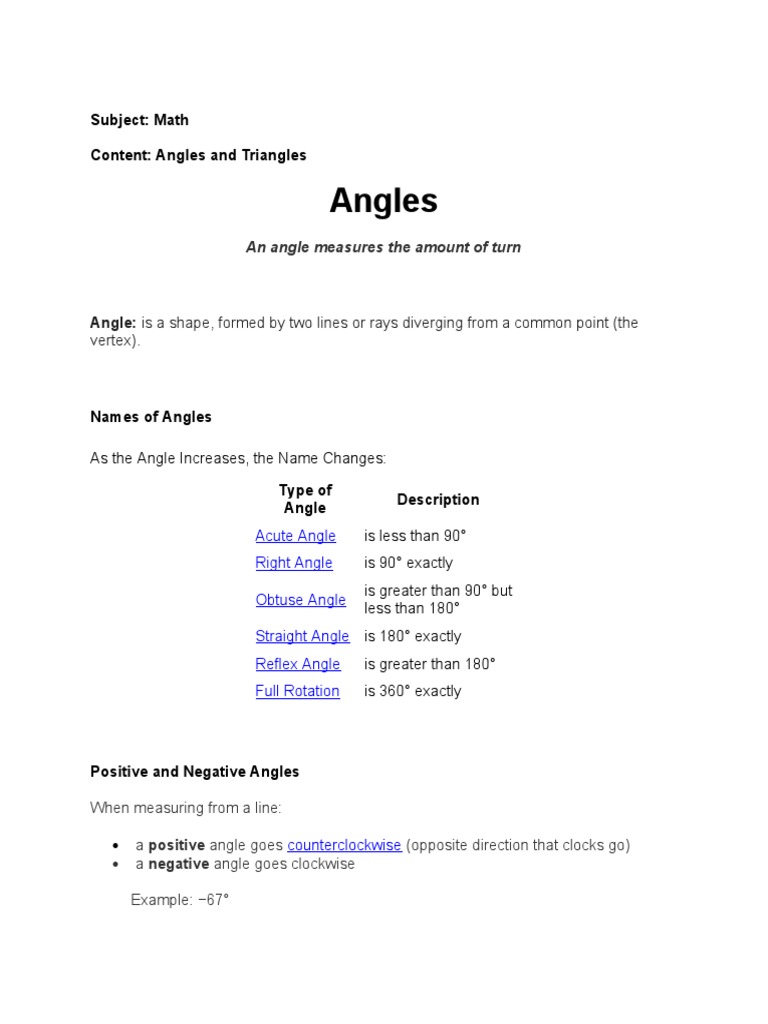 Angles: Subject: Math Content: Angles and Triangles | PDF | Angle | Euclid