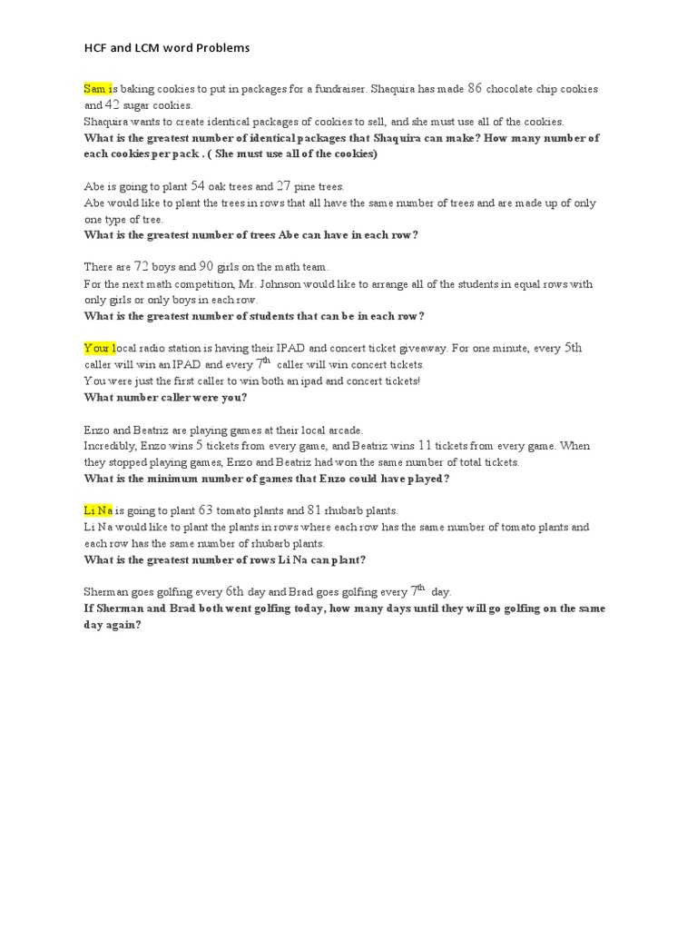 HCF LCM Word Problems Year 6-7 | PDF