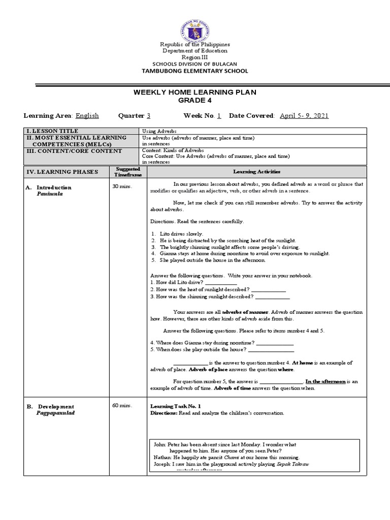 Weekly Home Learning Plan Grade 4 Learning Area: English Quarter 3 Week ...