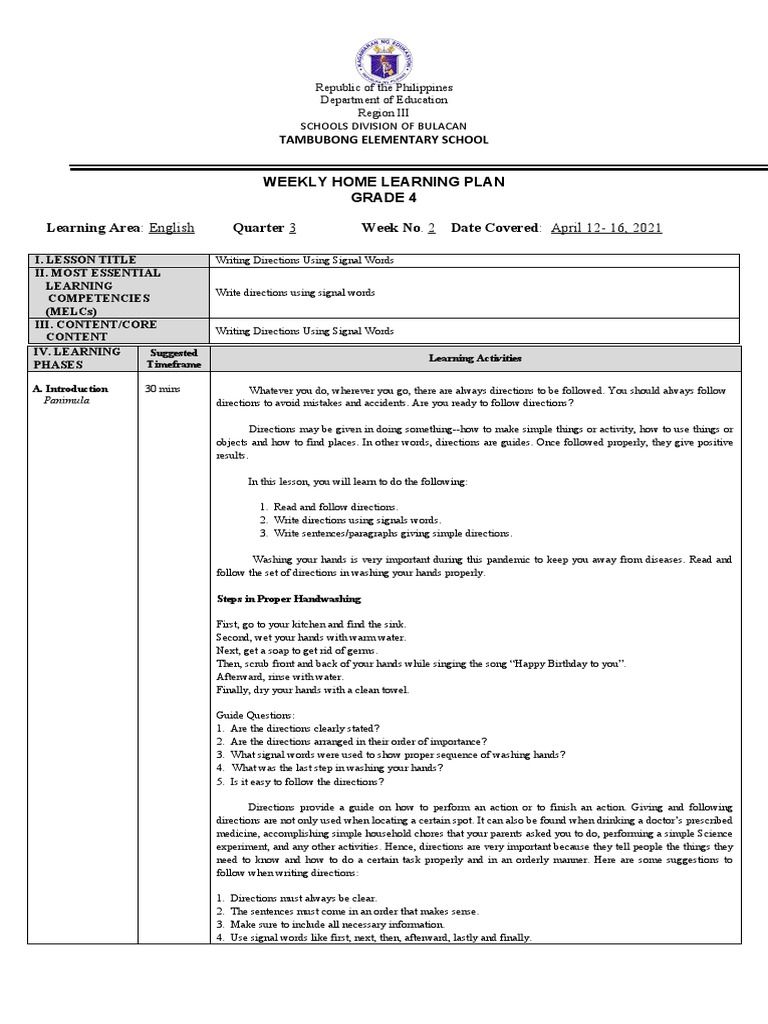 Weekly Home Learning Plan Grade 4 Learning Area: English Quarter 3 Week ...