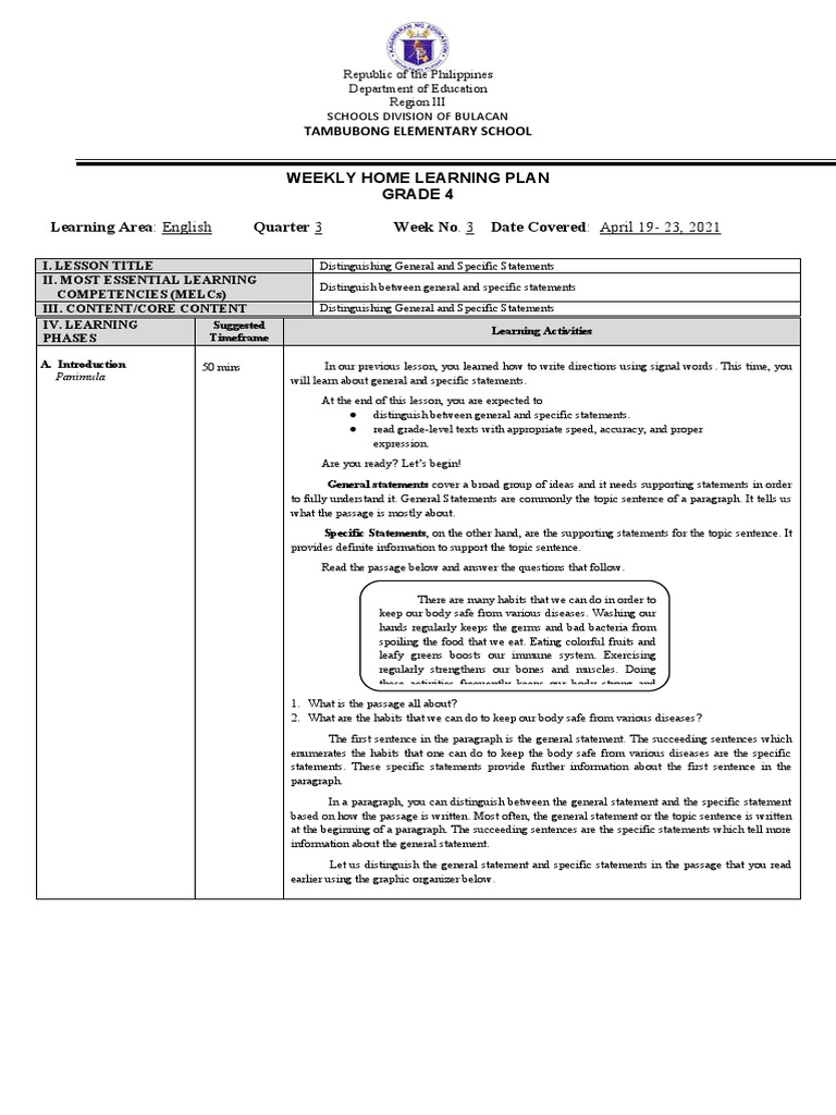 Grade 4 English Learning Plan: General vs. Specific Statements | PDF ...