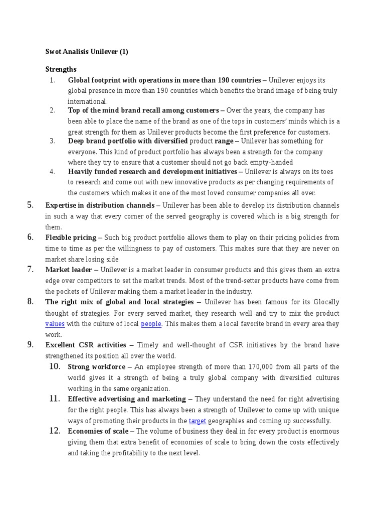 Swot Analisis Unilever (1) Strengths: Values People | PDF