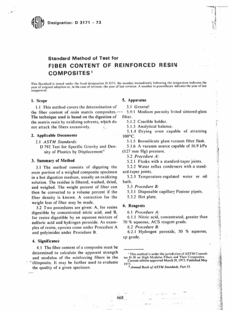 ASTM D 3171-73 Standard Test Method For Fiber Content of Reinforced ...