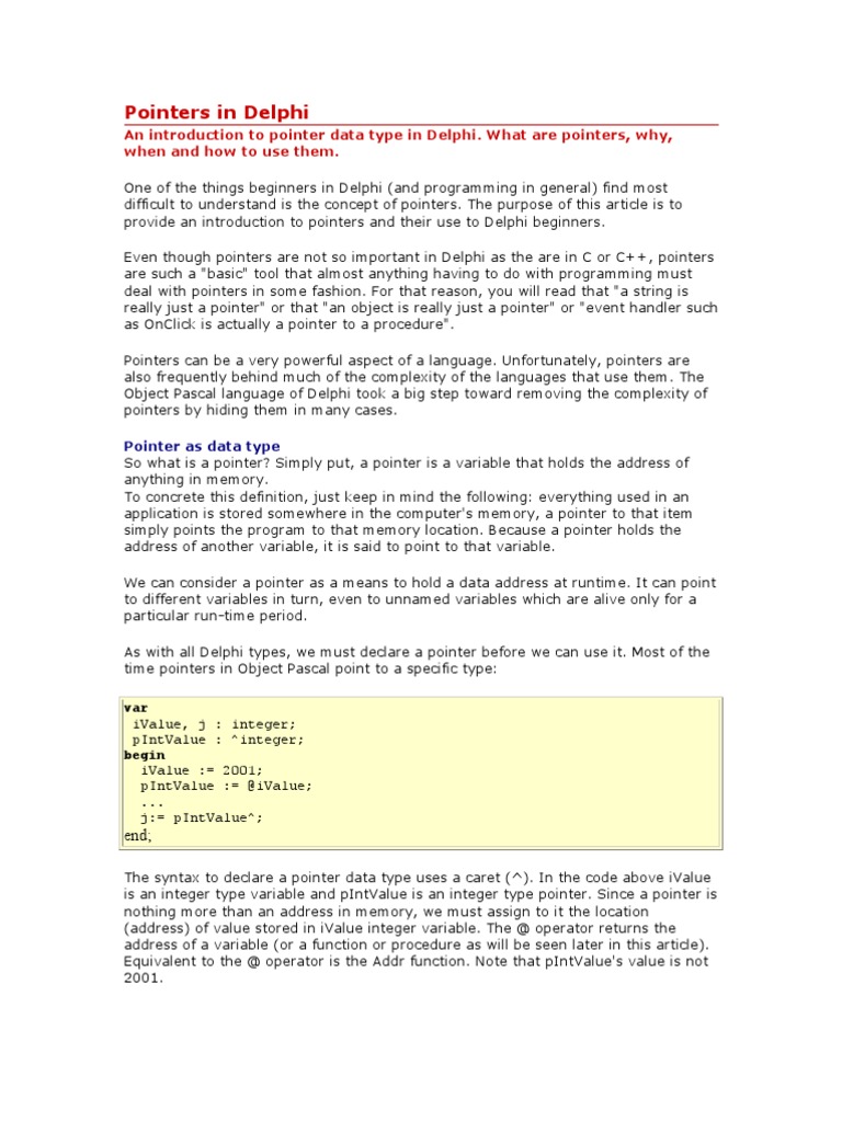 Delphi Pointers In Delphi Pdf Pointer Computer Programming Data Type 9483