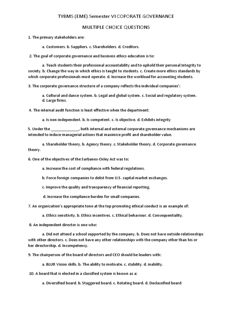 Corporate Governance MCQs and Answers | PDF | Corporate Governance ...