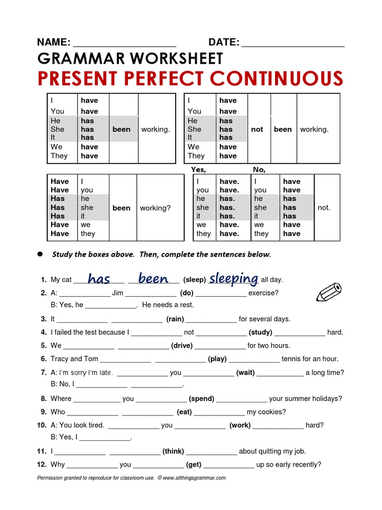 Present Perfect Continuous: Grammar Worksheet | PDF