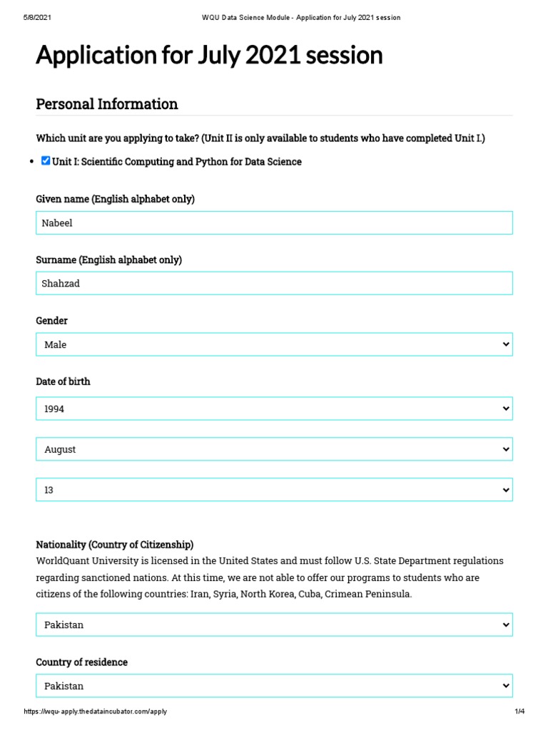 WQU Data Science Module - Application For July 2021 Session | PDF ...