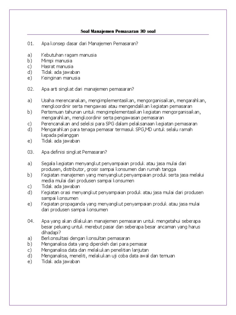 Soal Manajemen Pemasaran 30 Soal PDF | PDF