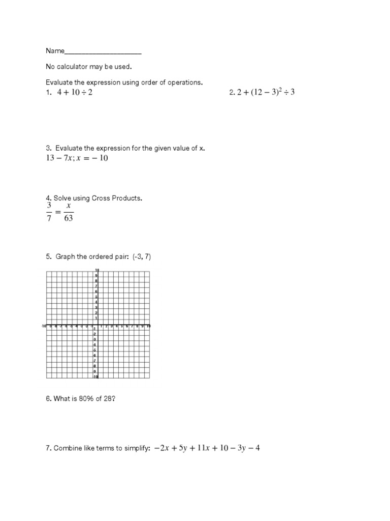 Algebra 1 Diagnostic Test PDF | PDF | Equations | Mathematical Concepts