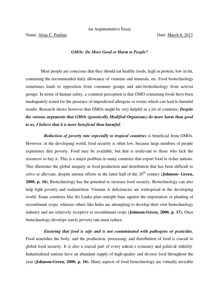GMOs Argumentative Essay | PDF | Biotechnology | Genetic Engineering