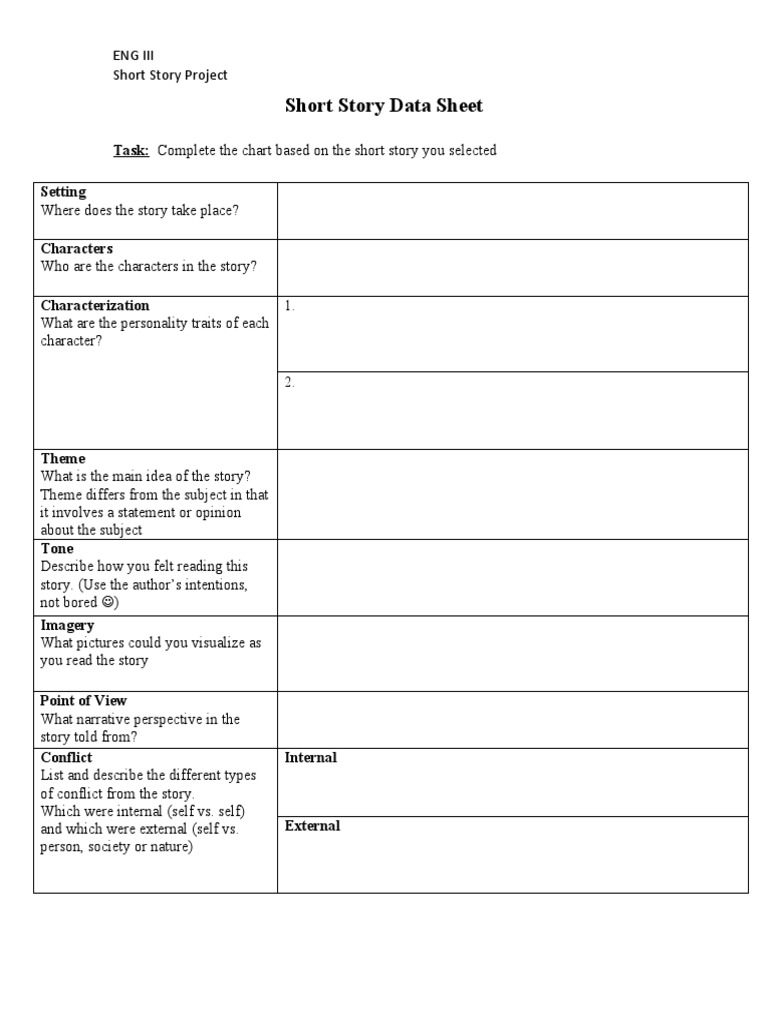 Short Story Data Sheet: Task: Complete The Chart Based On The Short ...