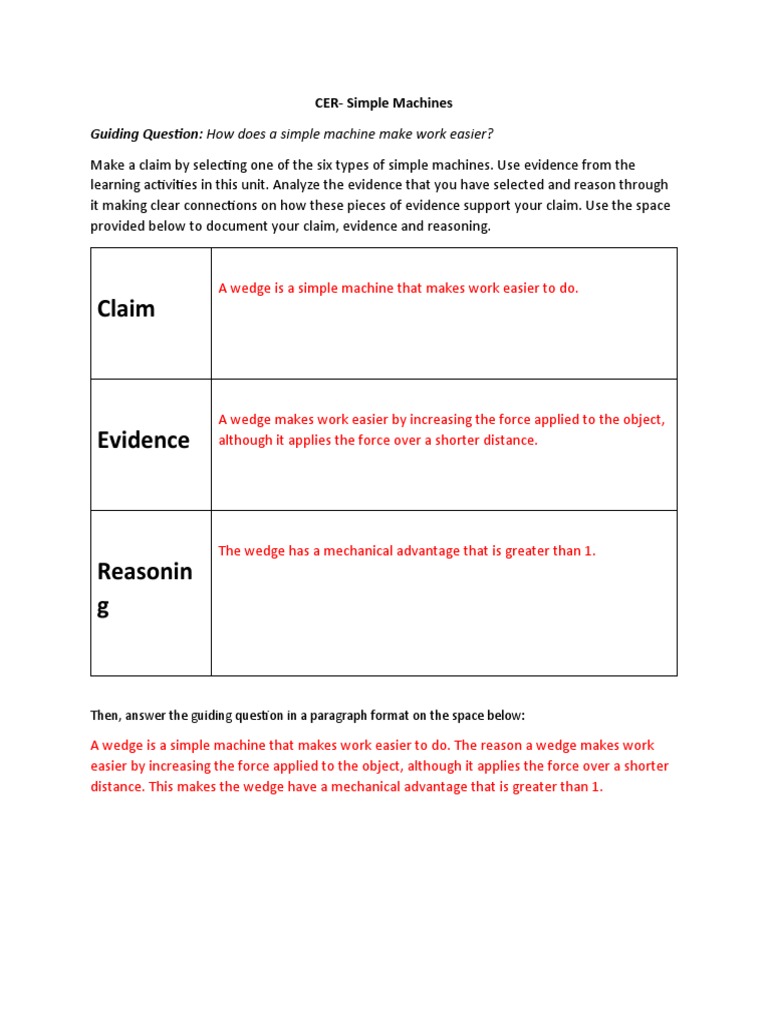 Claim: Guiding Question: How Does A Simple Machine Make Work Easier? | PDF