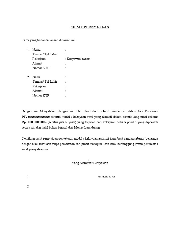 Surat Setor Modal PT | PDF | Hukum