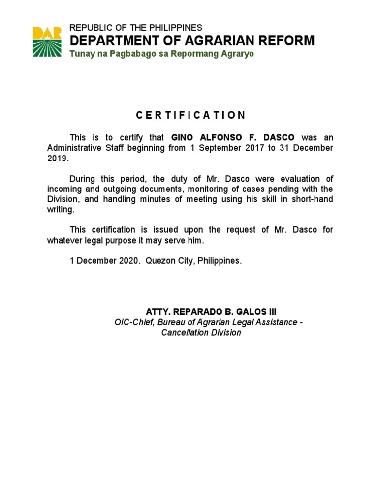 Department of Agrarian Reform: Certification | PDF