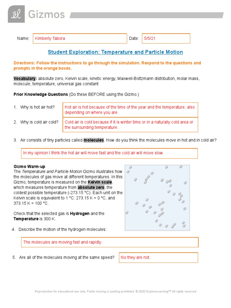 Student Exploration: Temperature and Particle Motion | PDF ...