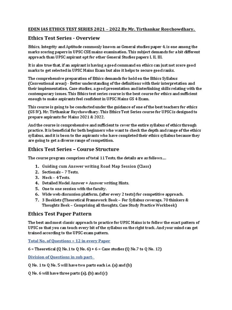Eden Ias Ethics Test Series 2021 | PDF | Test (Assessment) | Human Nature