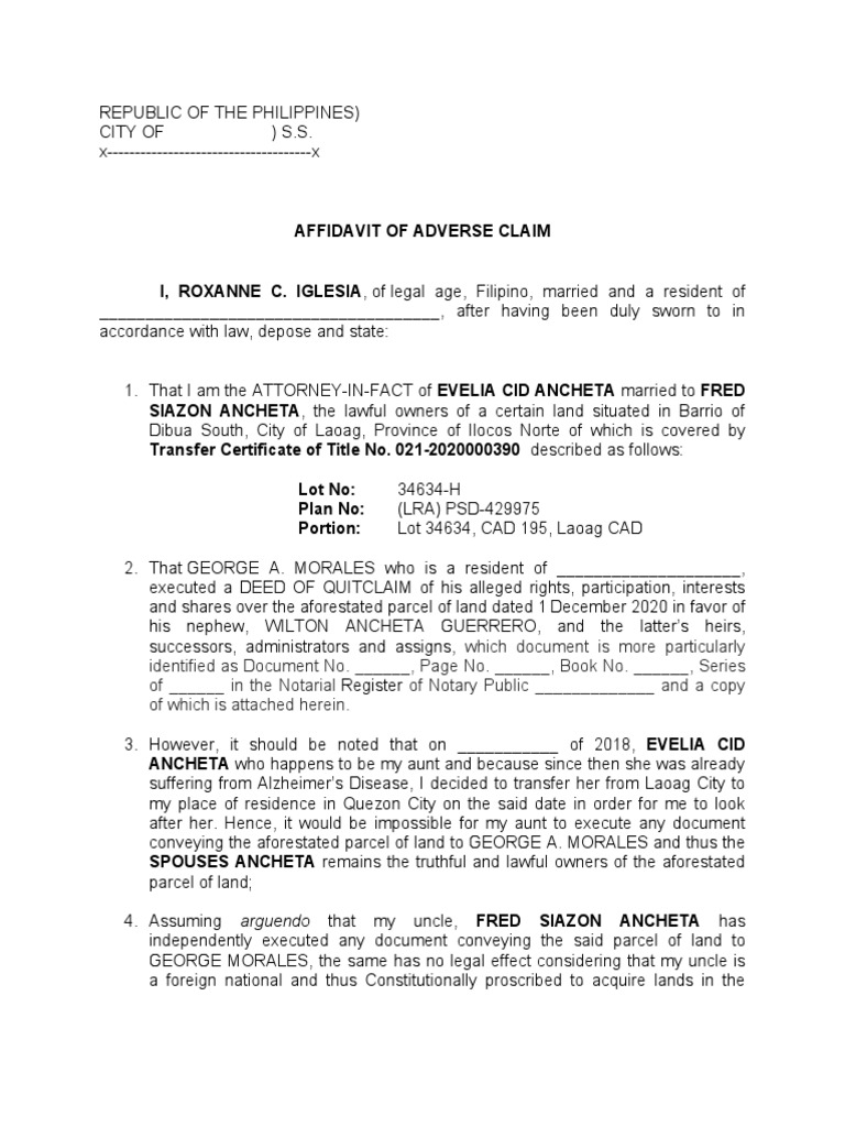 Affidavit of Adverse Claim | PDF | Affidavit | Private Law