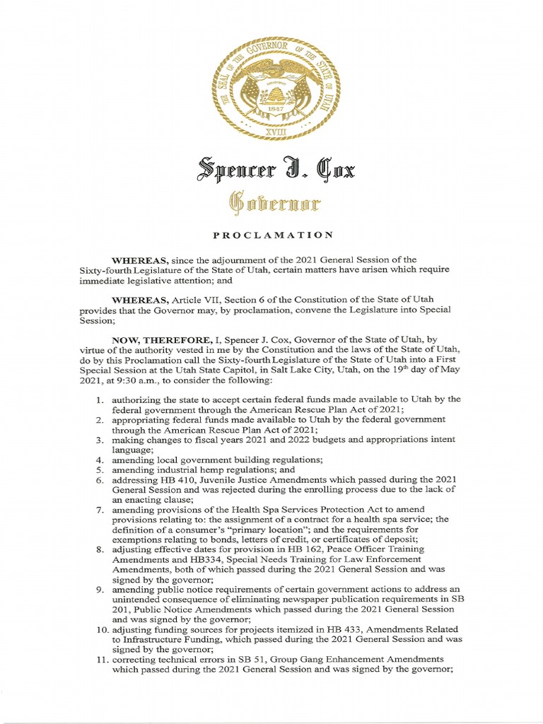 Gov. Cox Special Session Proclamation | PDF