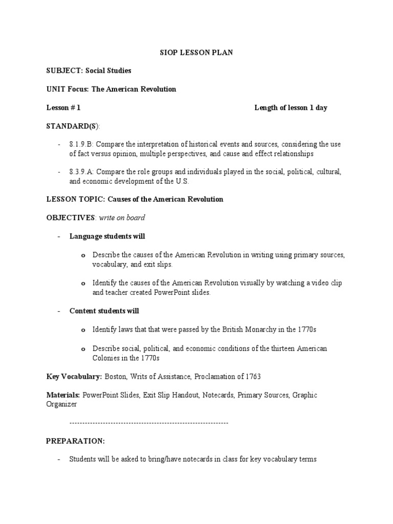 Siop Lesson Plan | Download Free PDF | Reading Comprehension | Teaching